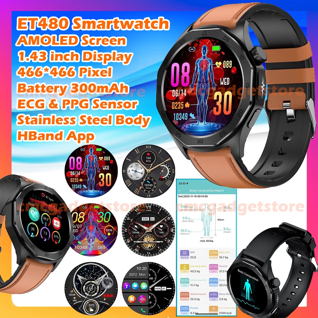 Jual ET480 Smartwatch AMOLED 1.43 inch Display Smart Watch Pria Wanita ...