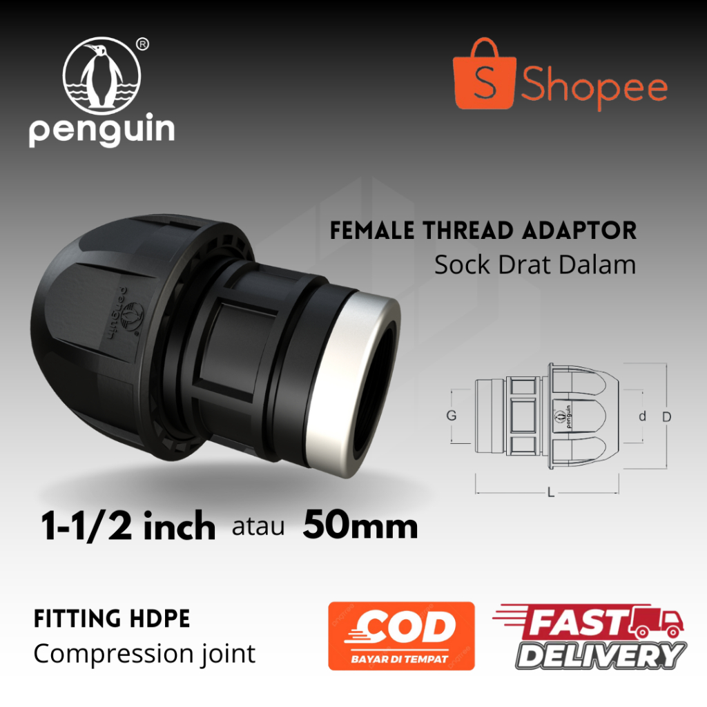 Jual Sambungan Pipa HDPE Female Thread Adaptor / SDD ukuran 1-1/2 inch ...