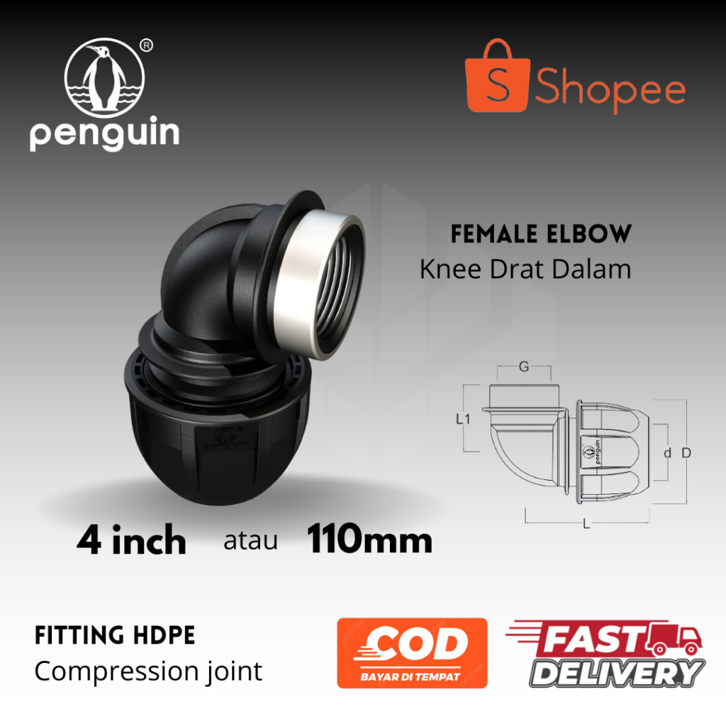 Jual Sambungan Pipa HDPE Female Elbow / Knee Drat Dalam ukuran 4 inch ...