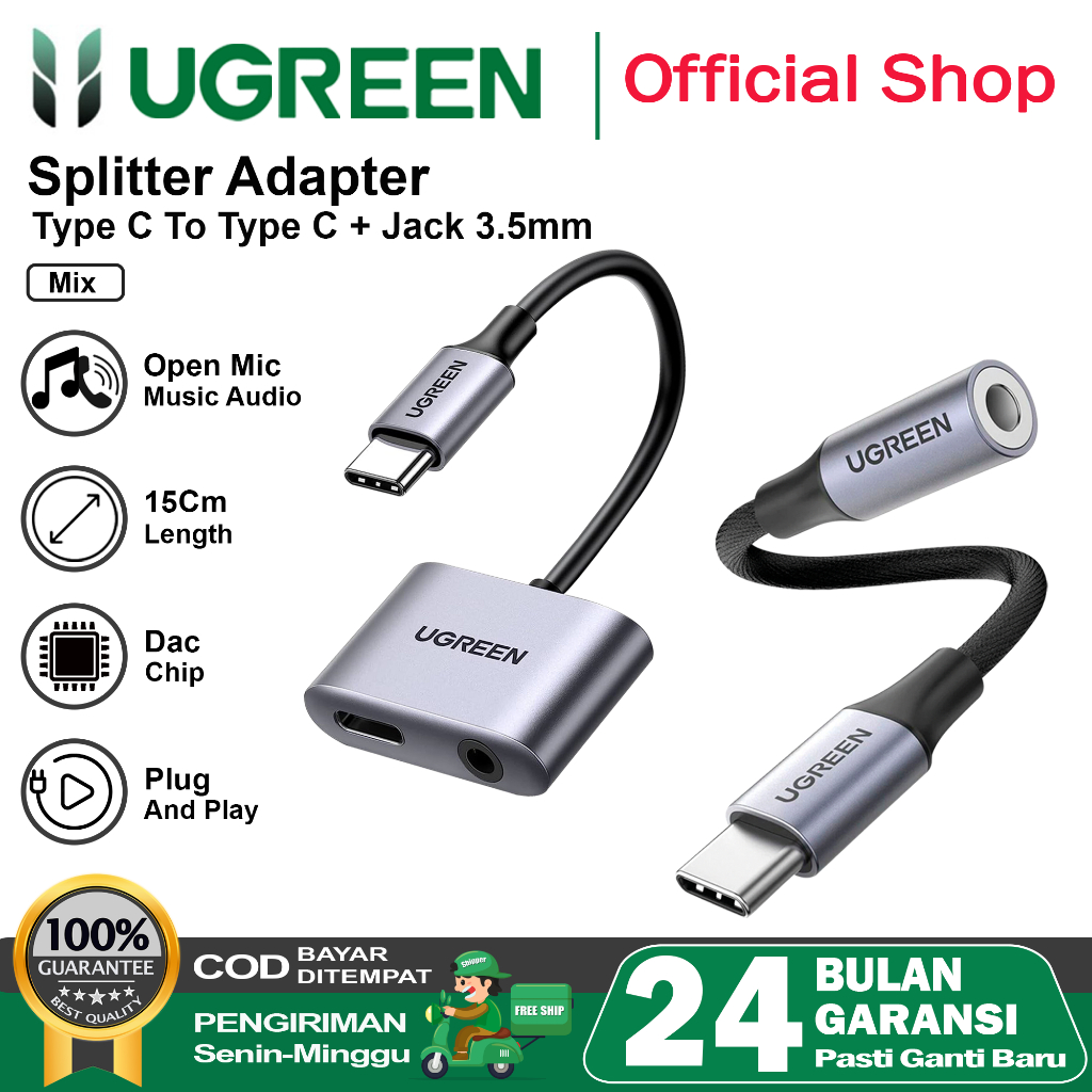 Jual UGREEN Converter Splitter Type C To Jack 3.5mm Charging, Music + Call | Shopee Indonesia