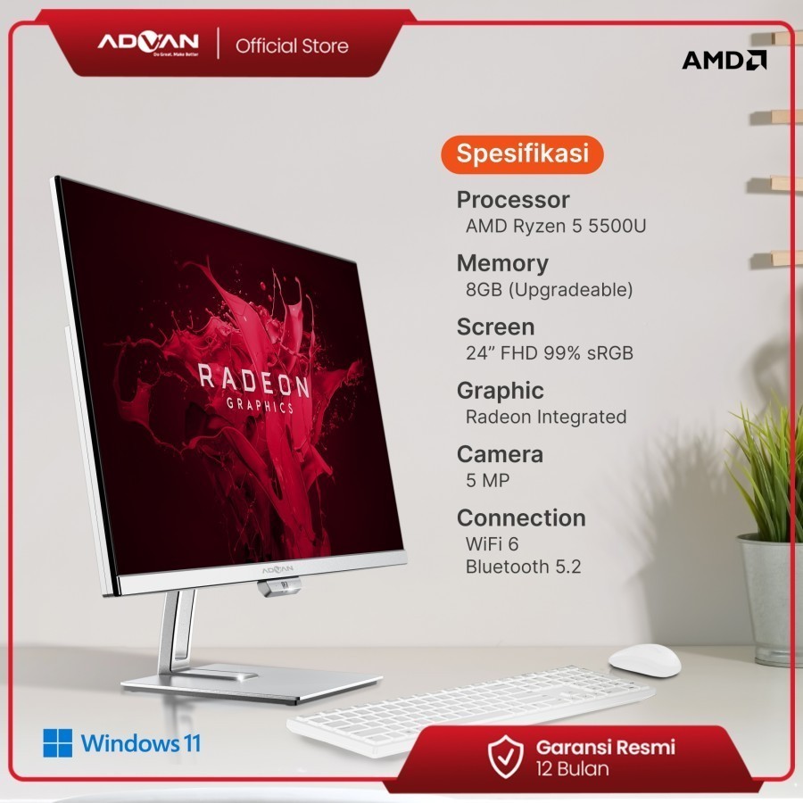 Jual Advan One PC AIO AMD Ryzen 5 5500U ram 8GB ssd 512GB 24" FHD W11 ...