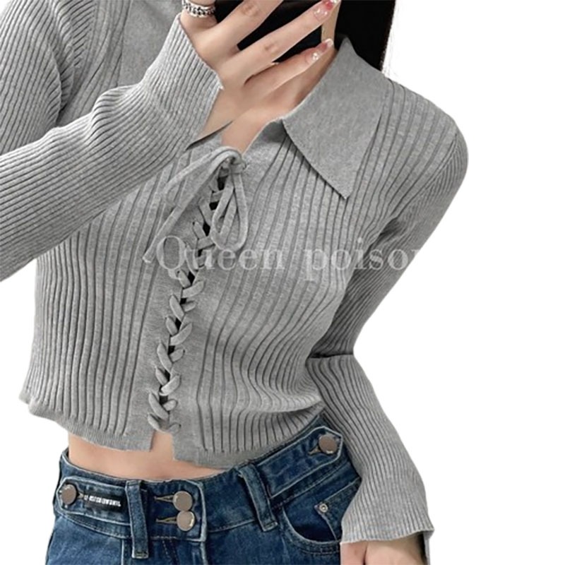 Jual KARLEY Knit Top Polos Wanita Lengan Panjang Sweater Rajut Crop Top ...
