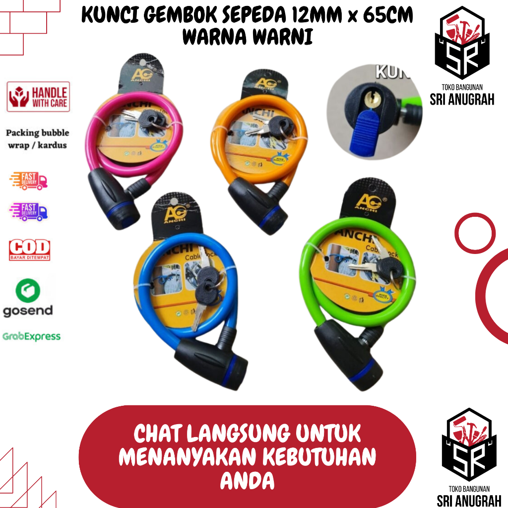 Jual Kunci Sepeda Warna Warni Kunci Manual Cable Lock 65CM x 12MM ...