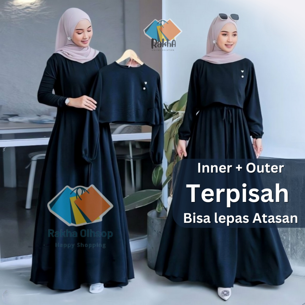 Jual NAFISA maxy set 2in1 inner + outer crop setelan gamis polos ...