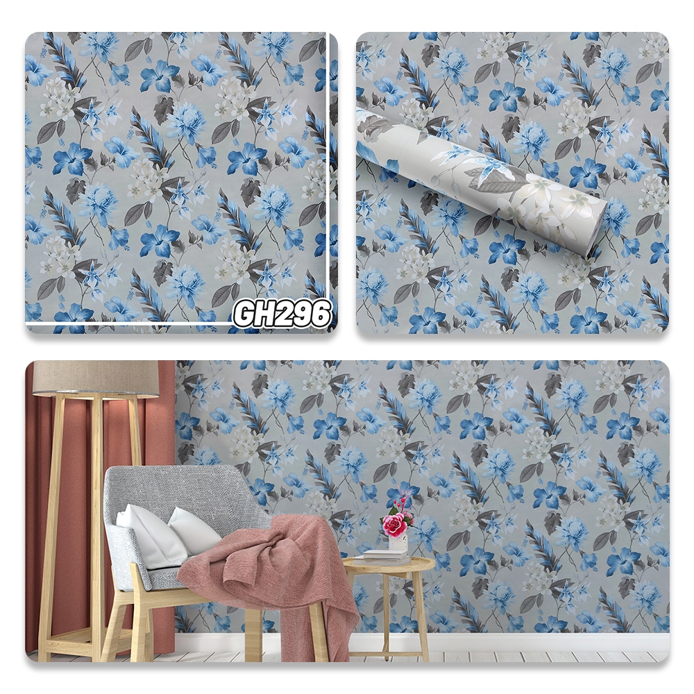 Jual WALLPAPER DINDING ukuran 45 cm x 10 M Motif Bunga Sepatu Biru-GH-296 | Shopee Indonesia