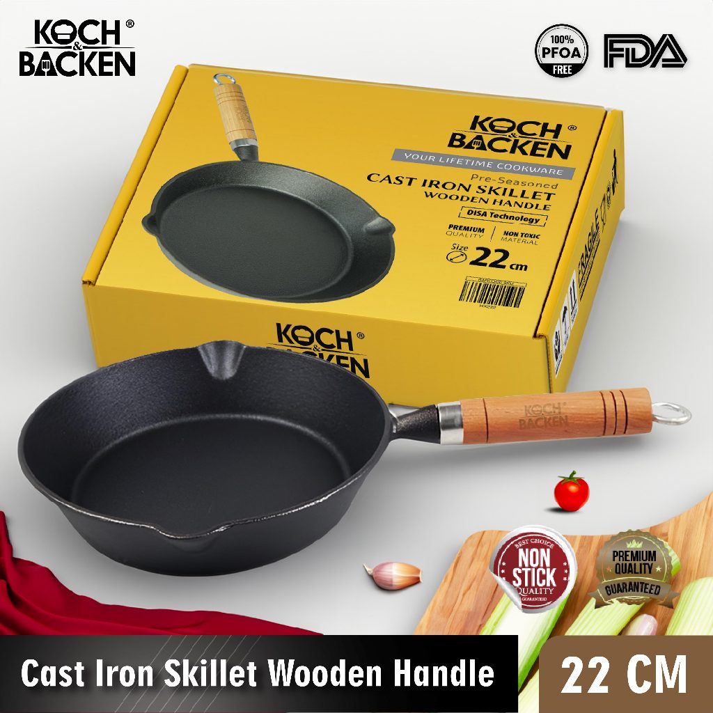 Jual KOCH&BACKEN Cast Iron Skillet Fry Pan Wooden Handle 22cm - Skillet ...