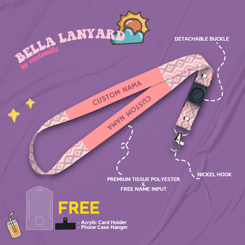 Jual Bella Lanyard Custom Nama Pink Edition 2cm Printing 2 Sisi ...