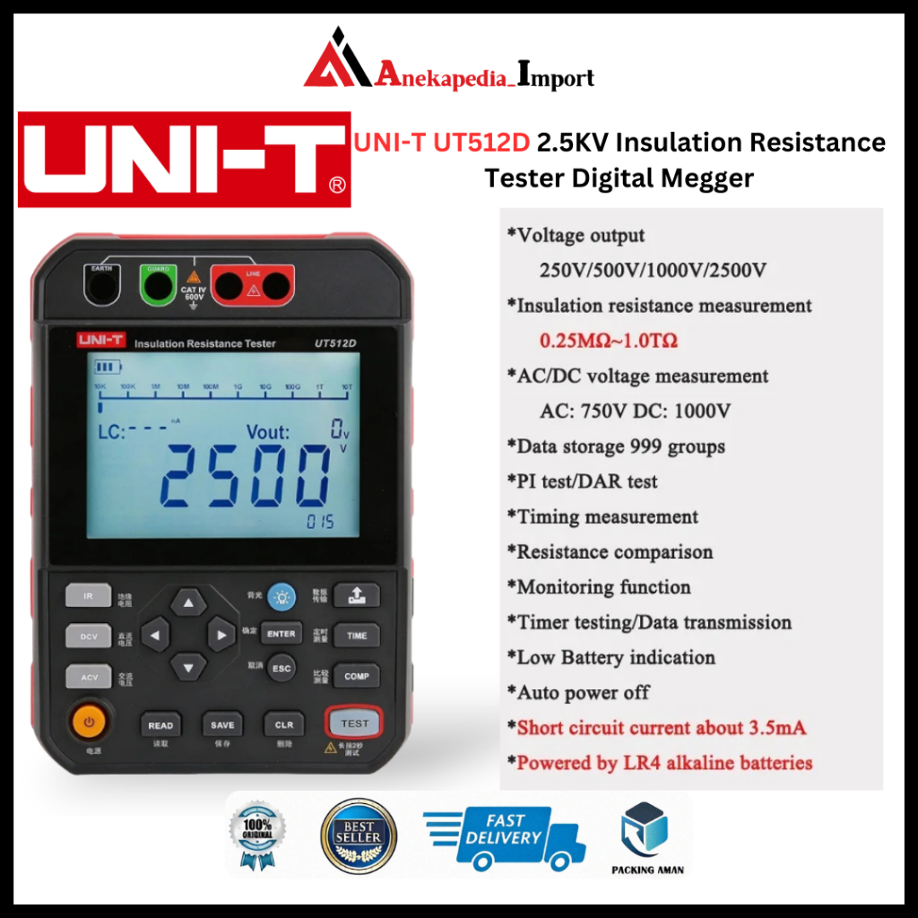 Jual UNI-T UT512D - UNI-T 2.5KV Insulation Resistance Tester Digital ...