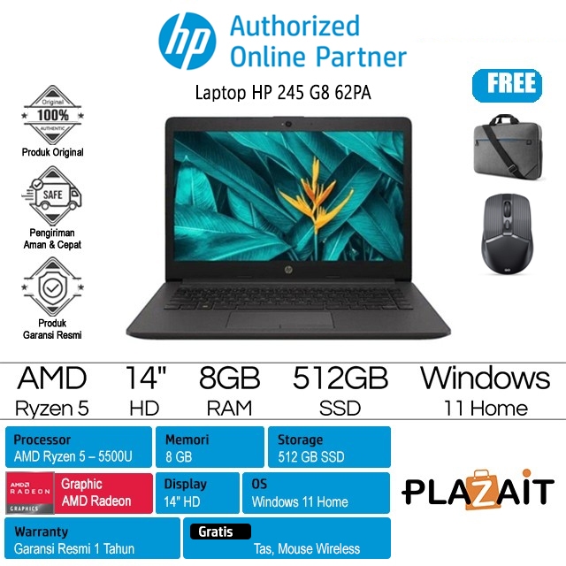 Jual Laptop HP 245 G8 62PA /AMD Ryzen 5–5500U/8GB/512GB SSD/AMD Radeon ...