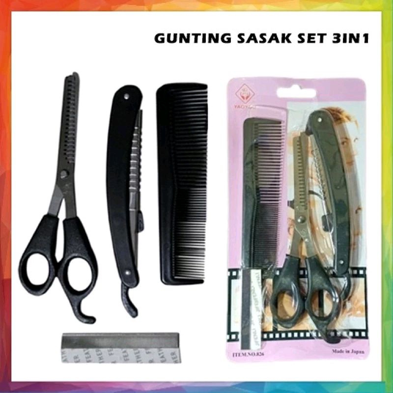 Jual Gunting Set 3IN1 - Sasak Sisir Pisau Cukur Rambut Alat Potong Poni ...