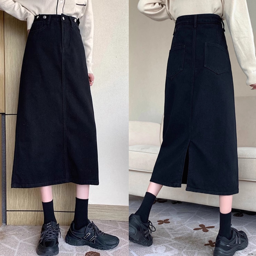 Jual Rok Skirt Split Hitam Mid Waist Panjang Jeans Wanita A-line Korean ...