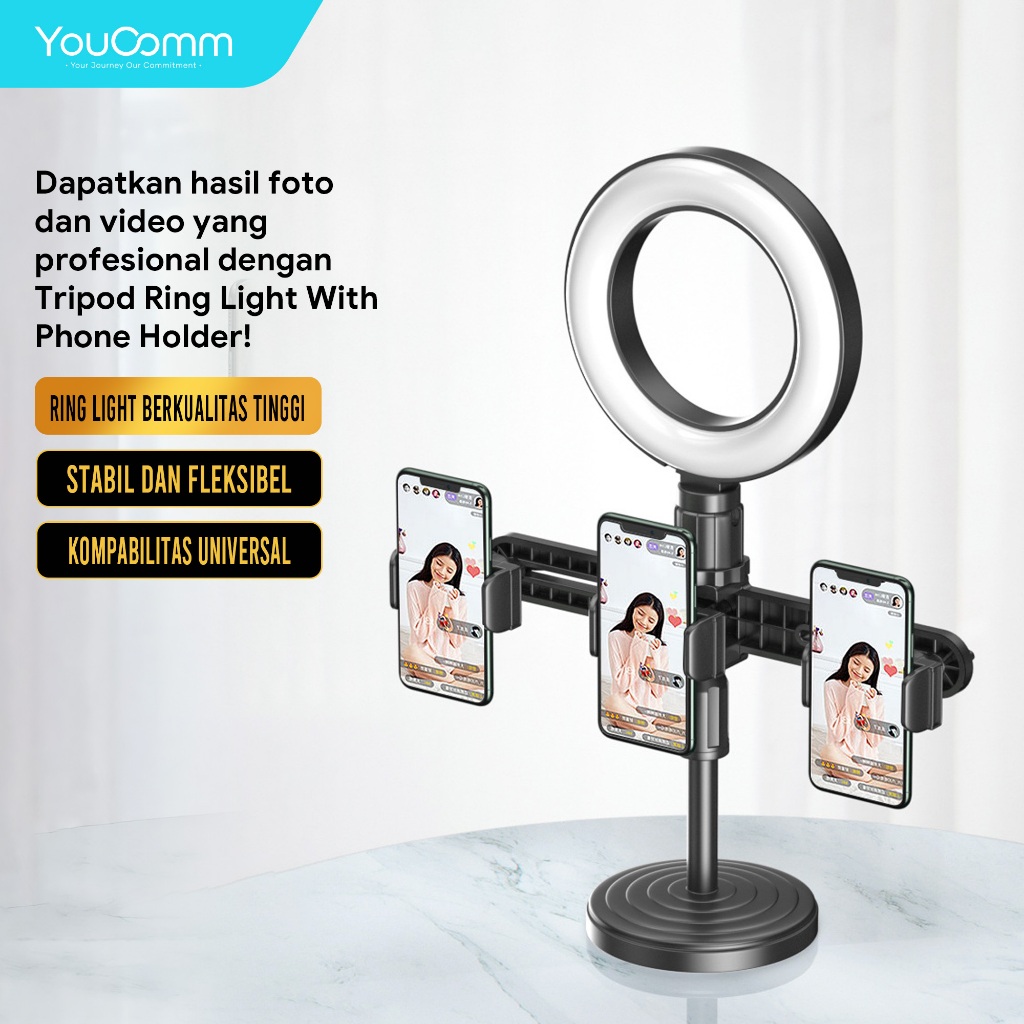 Jual Youcomm Ring Light + Tripod 2 Holder 3 Holder HP Ring Light Tripod Mini Stand HP Live ...
