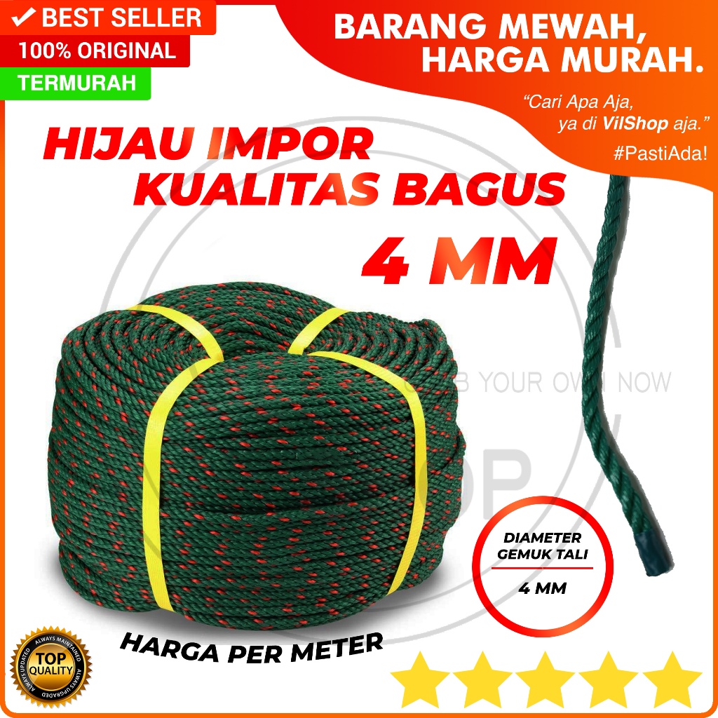 Jual TALI HIJAU 4 MM KUALITAS BAGUS IMPORT PER METER / PP PE NYLON ...