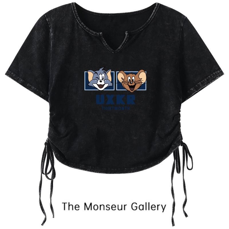 Jual The Monseur Gallery Kaos Crop Korean Style Tom And Jerry Washed Hitam T-shirt Drawstring ...