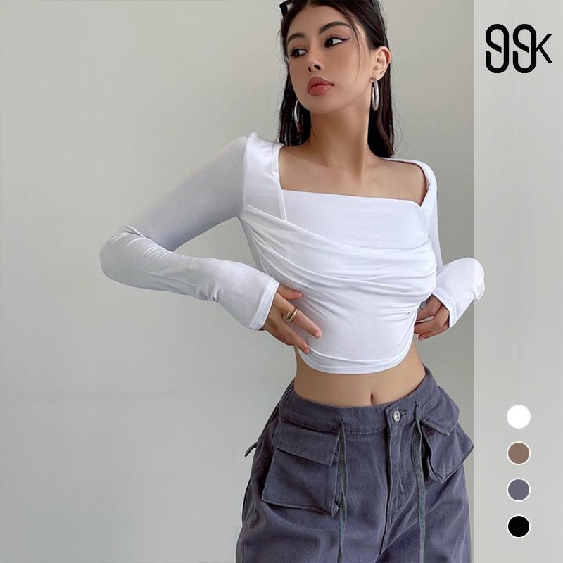 Jual [Premium]Square Neck Long Sleeve Plain Crop Top 3088 (S/M/L/XL ...