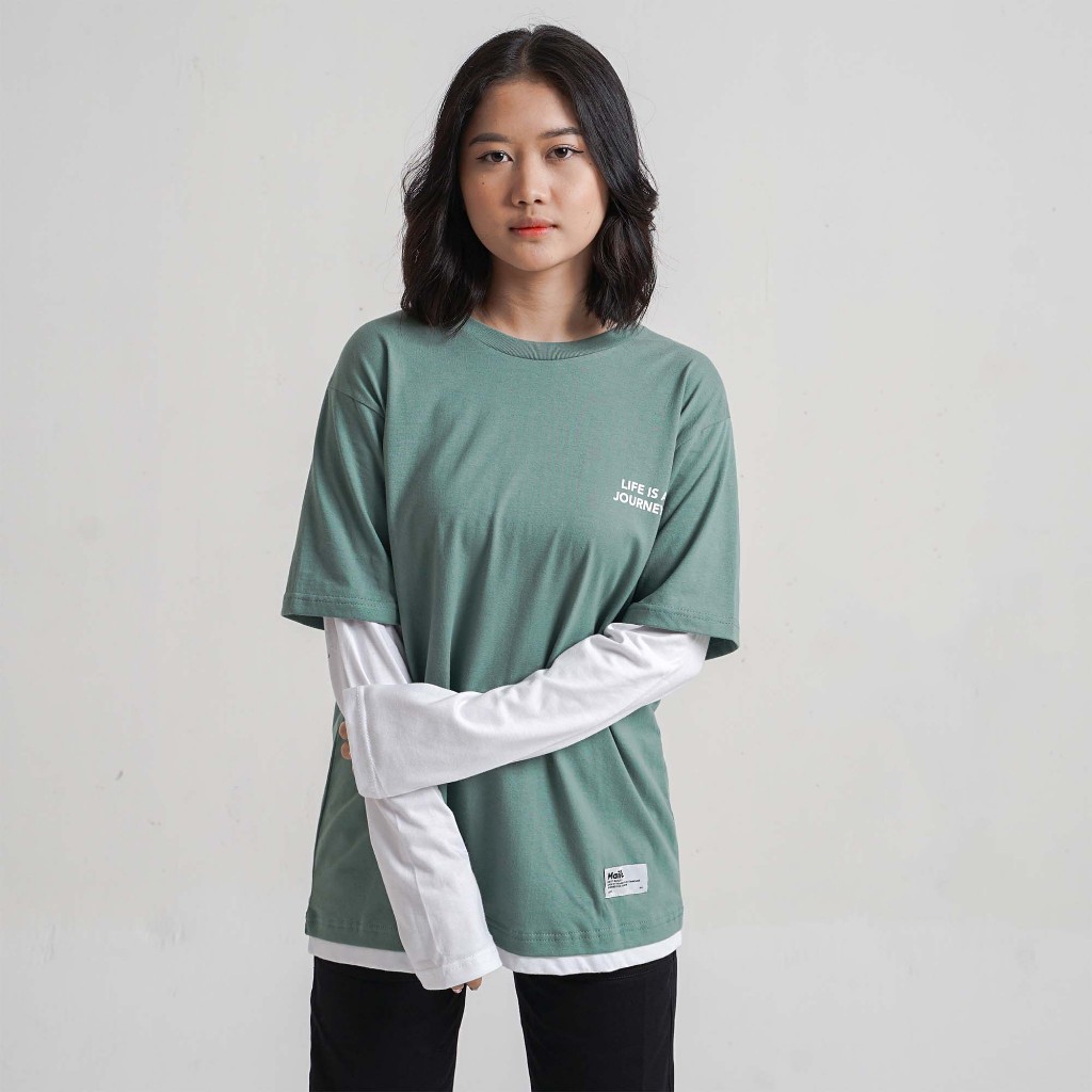 Jual Mailo Oversized T-Shirt Kaos Double Sleeve White Green Life | Shopee Indonesia