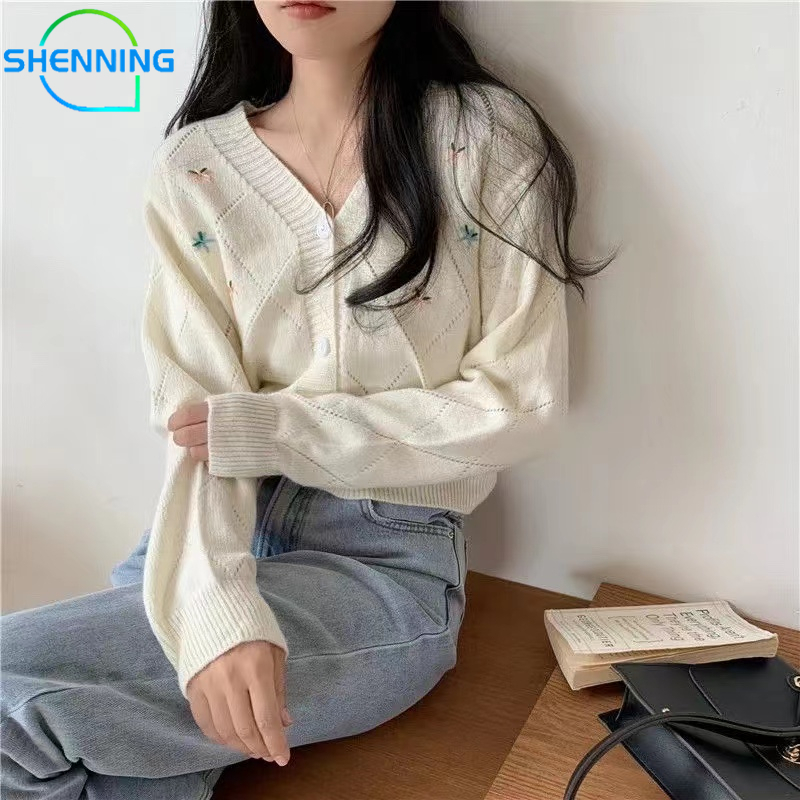 Jual SHENNING Cardigan Rajut Outer Cute Kardigan Rajut Motif Bunga Knit ...