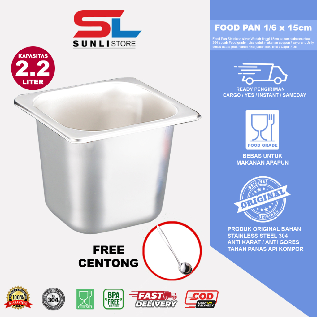 Jual SUNLI - Food pan wadah stainless 1/6 x 15cm / food pan stainless ...