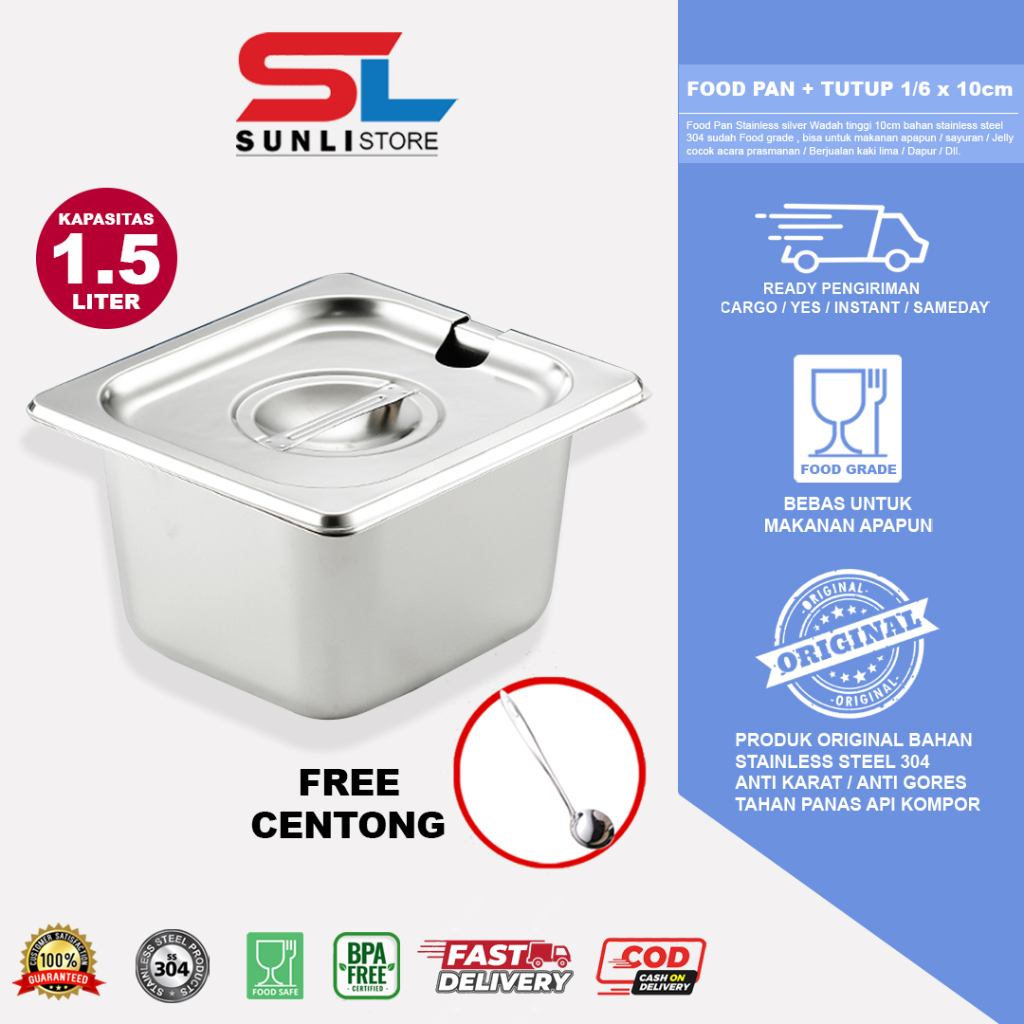 Jual SUNLI - Food pan Satu set 1/6 x 10cm + TUTUP / food pan stainless ...