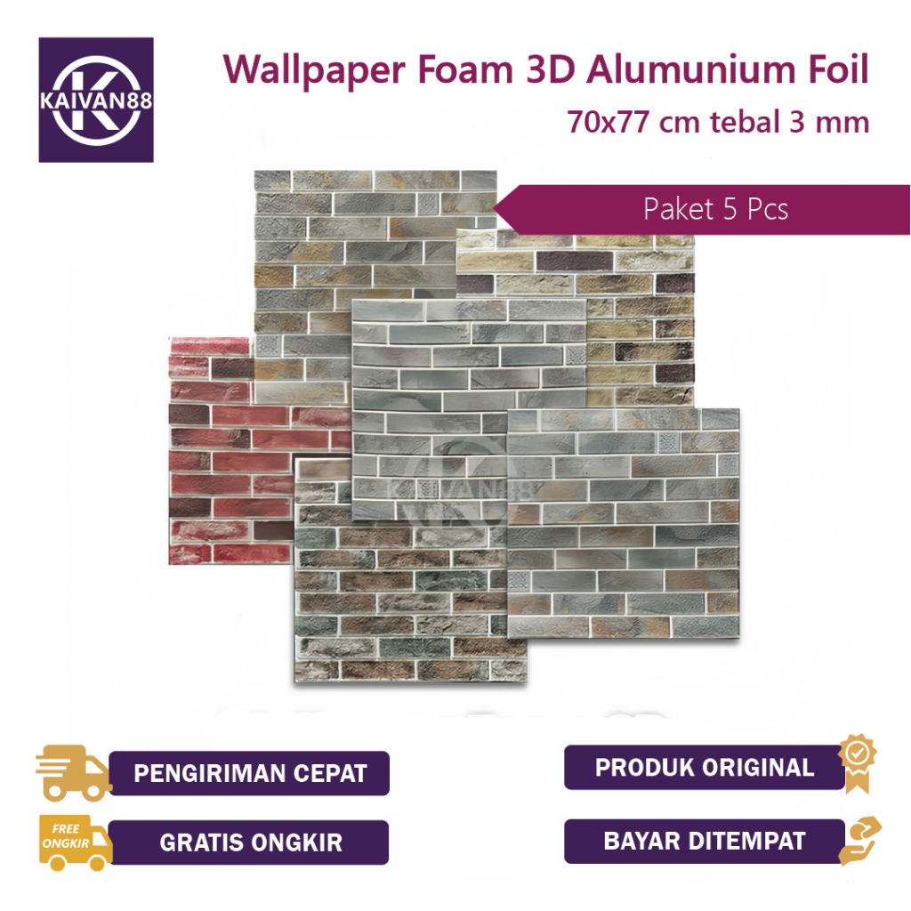 Jual KAIVAN88 PAKET 5 LEMBAR WALLPAPER 3D PREMIUM 70X70CM MOTIF BATA ...