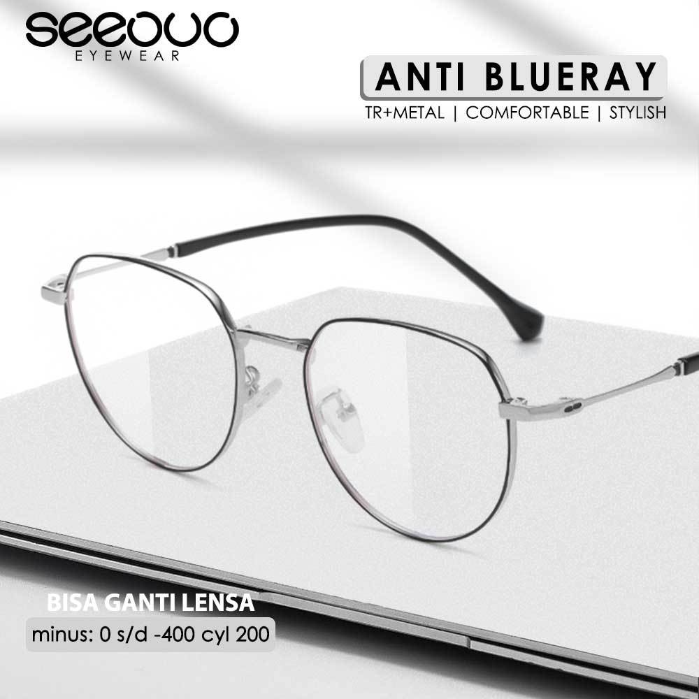 Jual Seeouo Kacamata Antiradiasi Blueray Style Oval TR90+Metal Frame Pria Wanita Bisa Minus ...