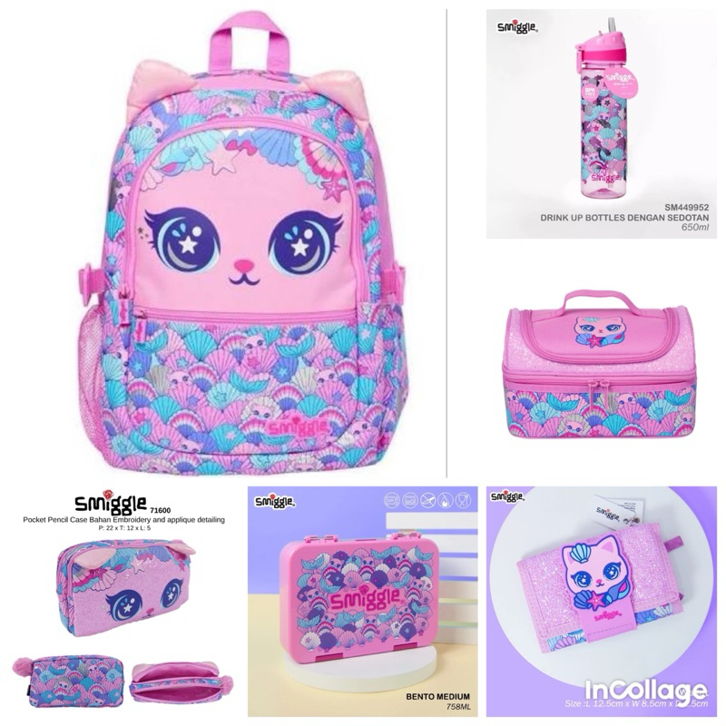 Jual Smiggle Hi there Cat mermaid pink backpack/lunchbag/bottle ...