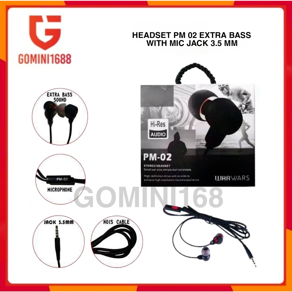 Jual Headset PM 02 Extra Bass HF With Mic Jack 3.5mm Earphone | Shopee ...