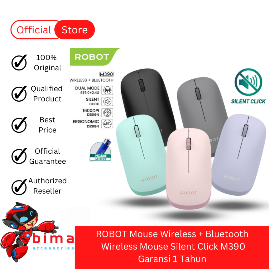 Jual ROBOT Mouse Wireless + Bluetooth Silent Click M390 Garansi Resmi 1 ...