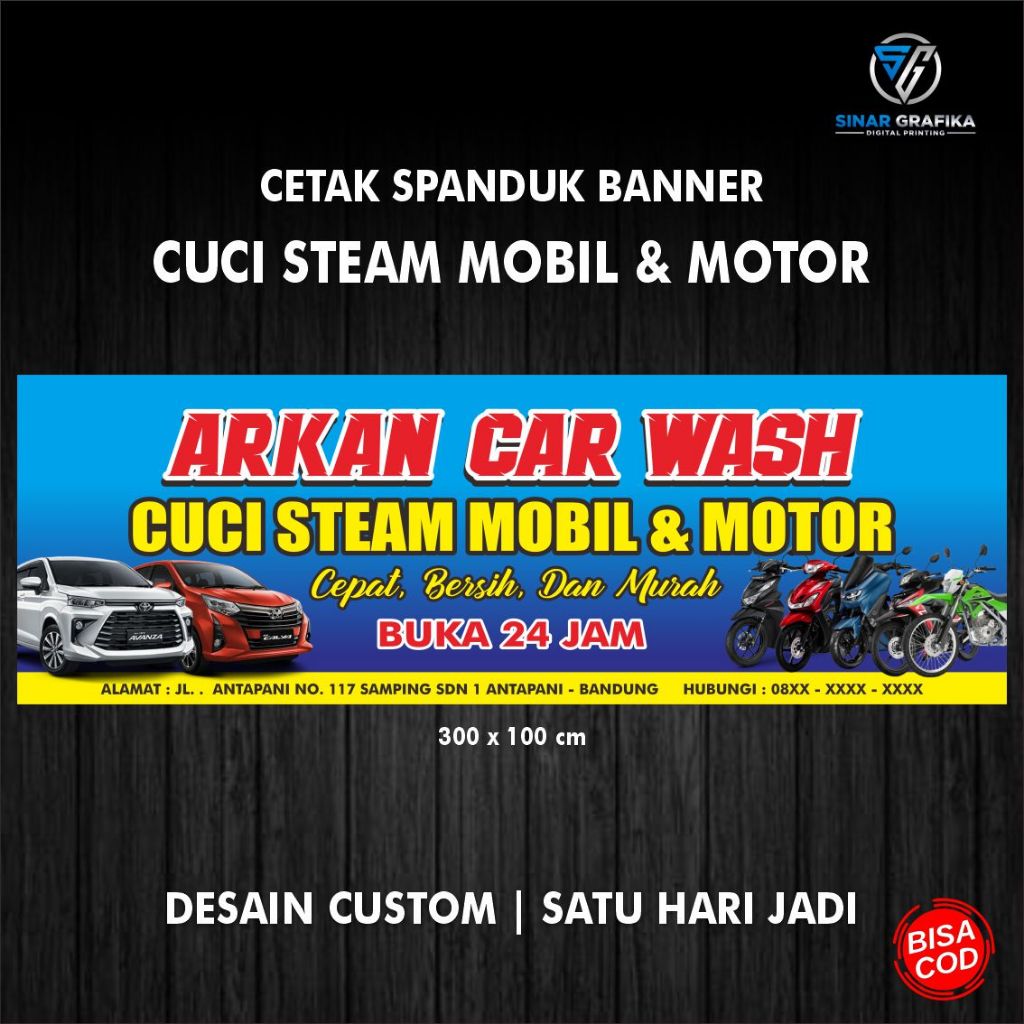 Jual Cetak Spanduk Cuci Steam Mobil Motor / Bisa Request Desain | Free ...