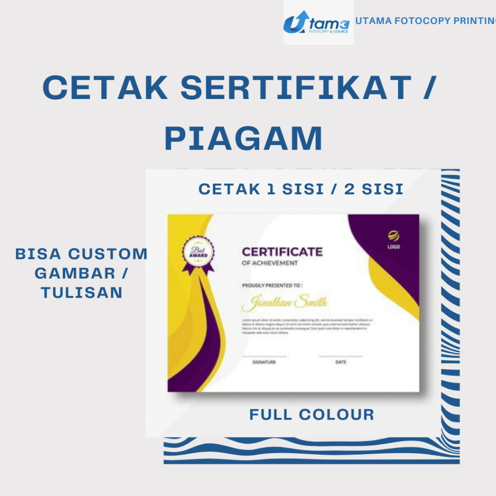 Jual Cetak Sertifikat / Piagam Murah Ukuran A4 Atau F4. 1 SISI 2 SISI ...