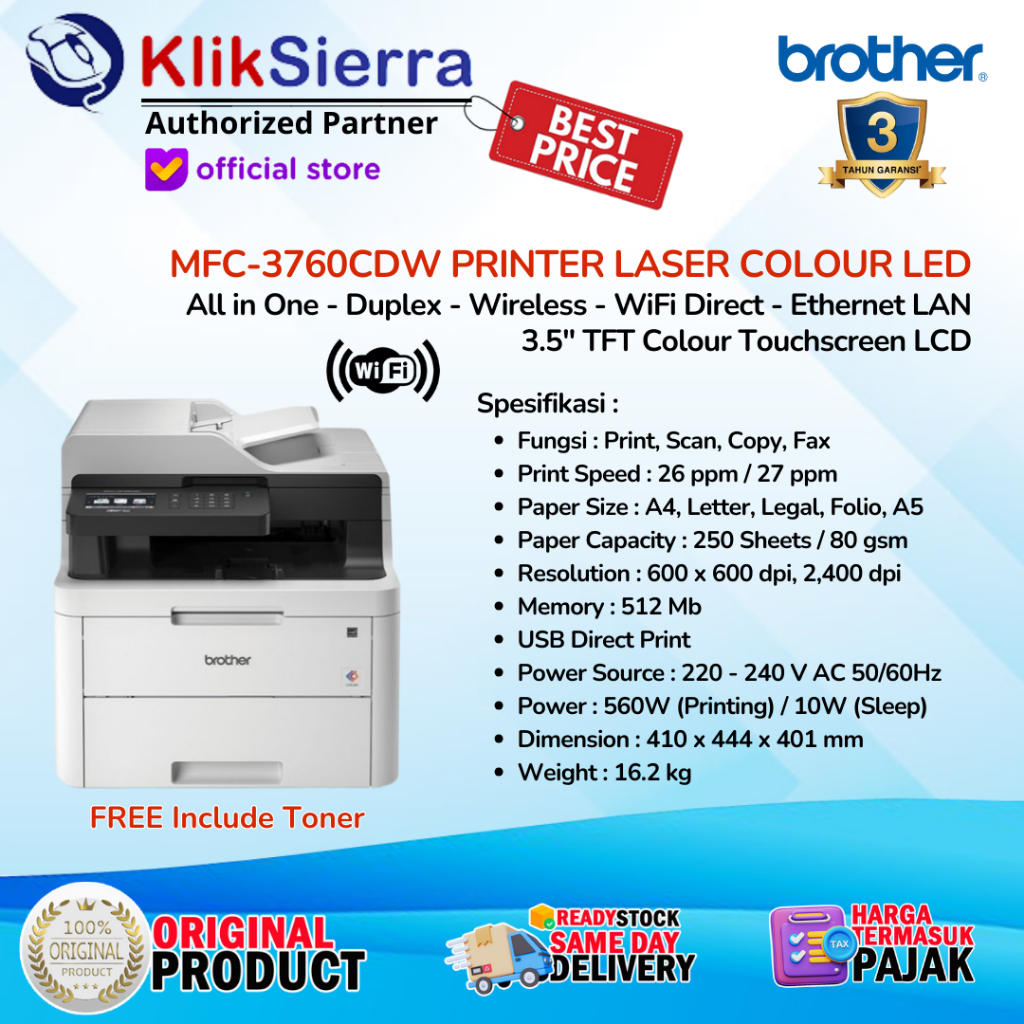 Jual BROTHER MFC-L3760CDW Printer All in One Laser LED Colour Wireless ...