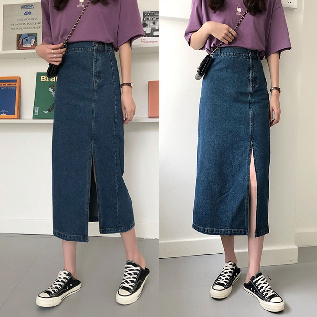 Jual Rok A-line Ramping Rok Denim Belahan Pinggang Tinggi Panjang ...