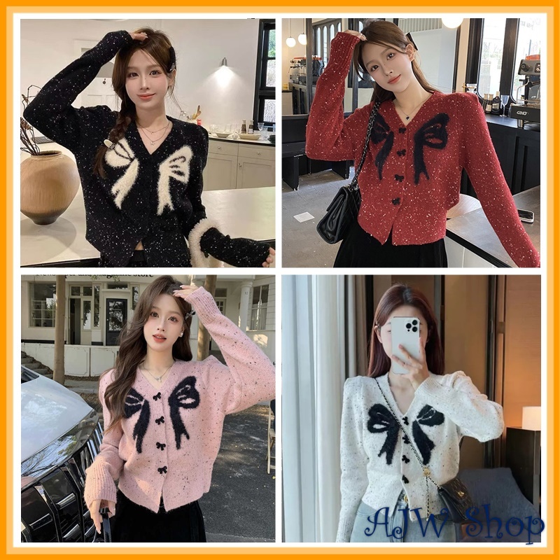 Jual AJW Cardigan Crop Pita Ribbon Coquette Knit Premium Kekinian WCE | Kardigan Rajut Crop Pita ...