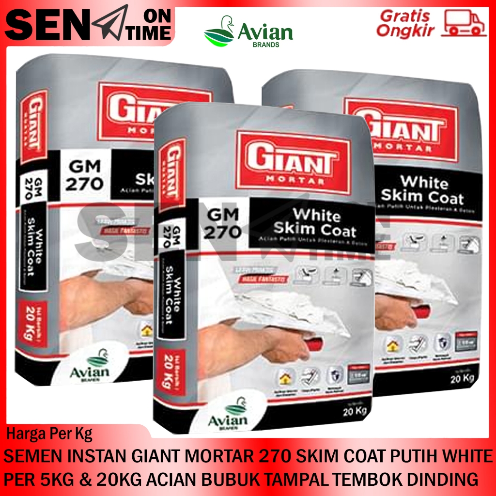 Jual SEMEN INSTAN GIANT MORTAR 270 SKIM COAT PUTIH AVIAN PER 5KG & 20KG ...