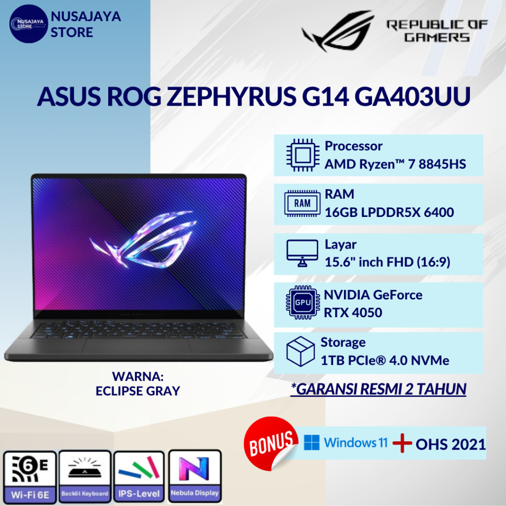 Jual ASUS ROG Zephyrus G14 GA403UU R7-8845HS 16GB 1TB RTX4050 14" OLED ...