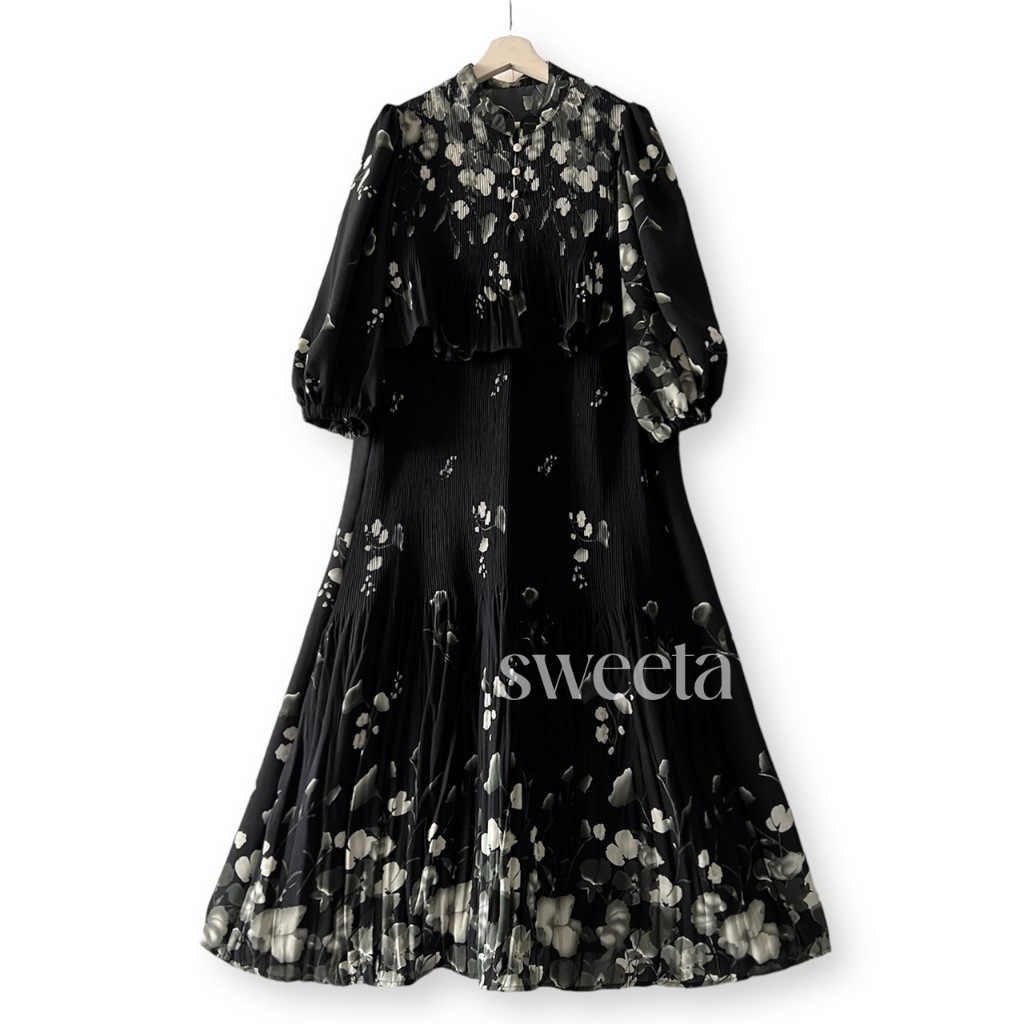 Jual Sweeta Midi Dress Plisket Double Layer Lengan Balon Ld 105cm Ceruty Full Furing