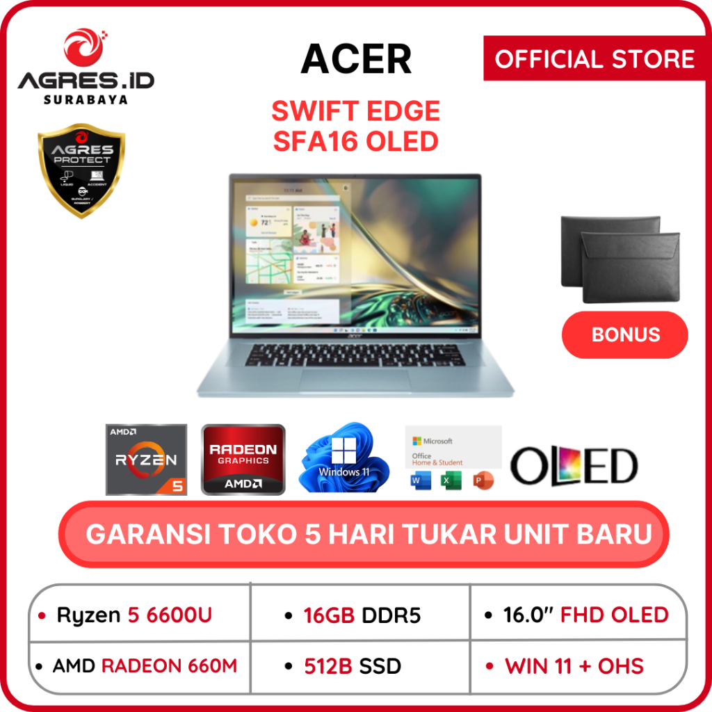 Jual ACER SWIFT EDGE SFA16 OLED Ryzen 5 6600 RAM 16GB 512GB SSD Windows 11+Office 16.0inch 4K FP ...