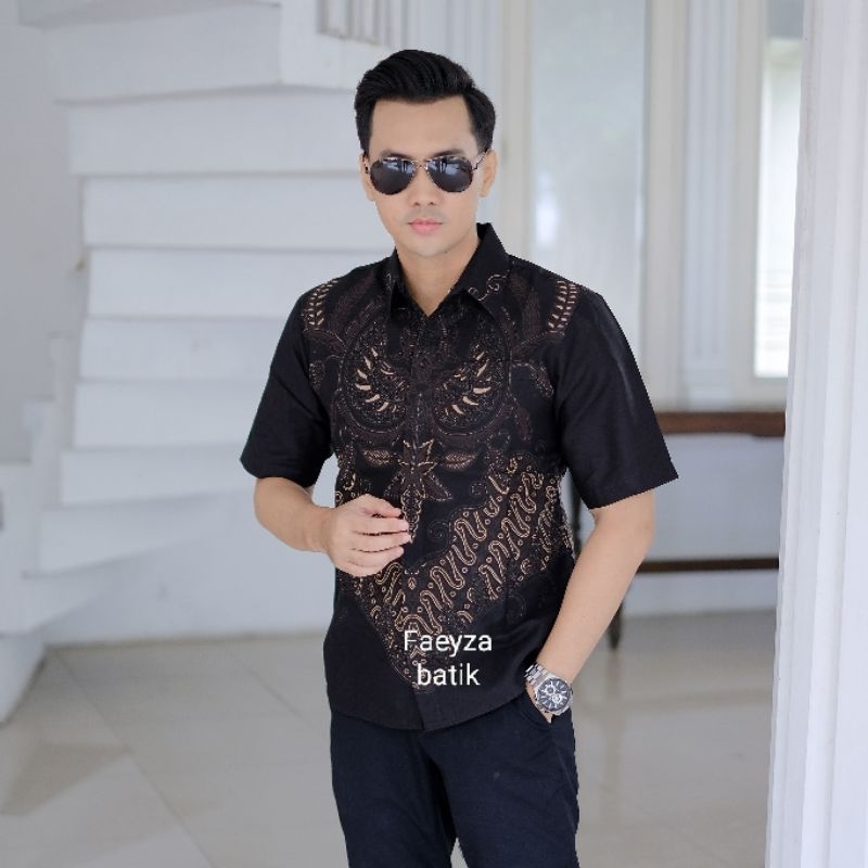 Jual Kemeja Batik Pria,Hem Batik,Baju Batik Pria Lengan Pendek Motif Peksi Gurdo hitam cokelat ...