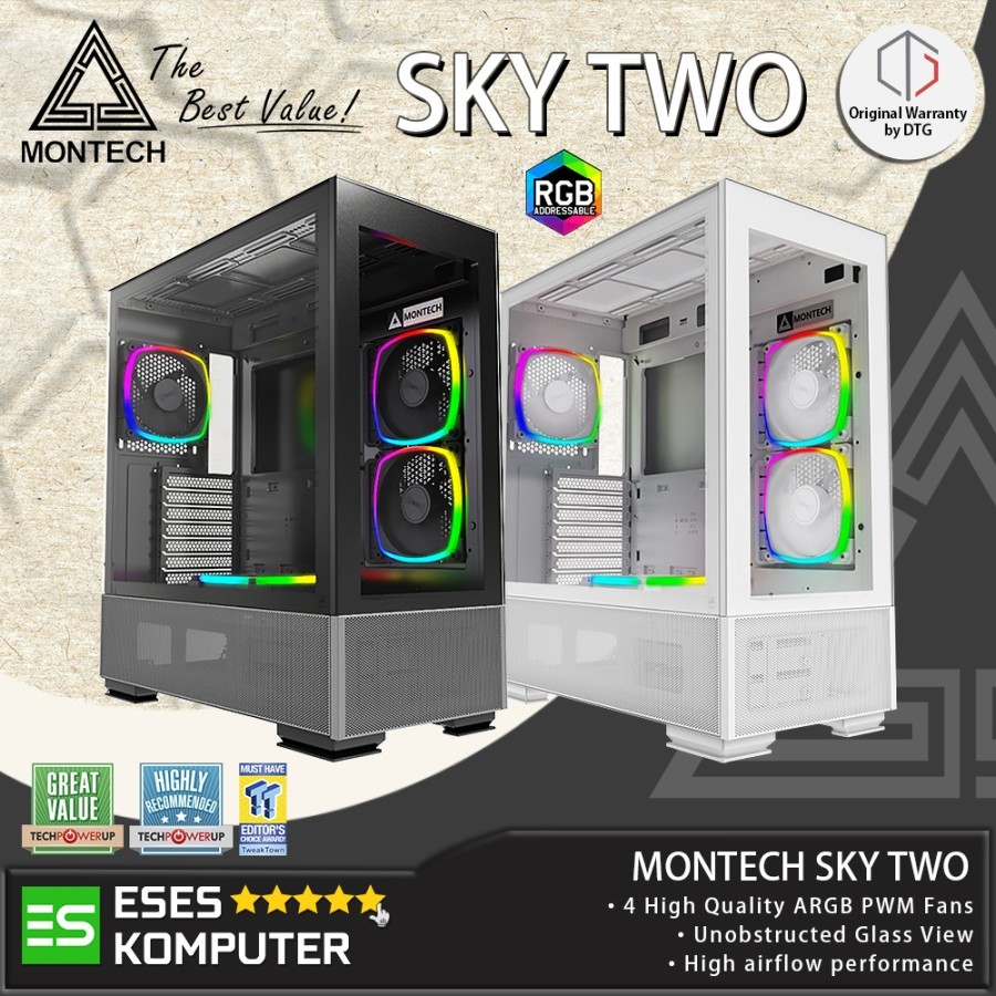 Jual Case MONTECH SKY TWO BLACK / WHITE ATX Integrated Front and Side Panel Tempered Glass 4X ...