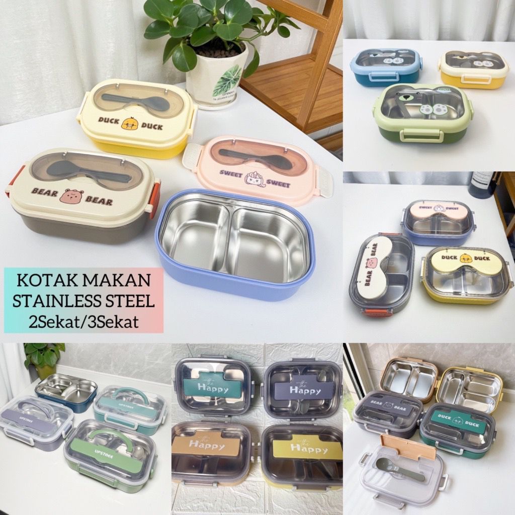 Jual Kotak Makan Anak Sekolah Kantoran 2 Sekat 3 Sekat Stainless Steel / Kotak Makan Sekat Tahan ...