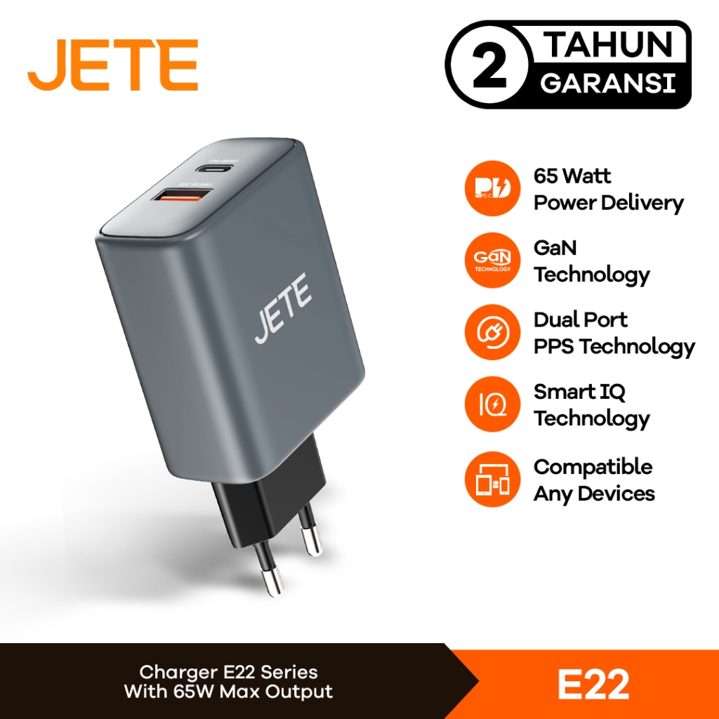 Jual JETE E22 Charger Hp Fast Charger 65W JETE E22 Dual Output TYPE C ...