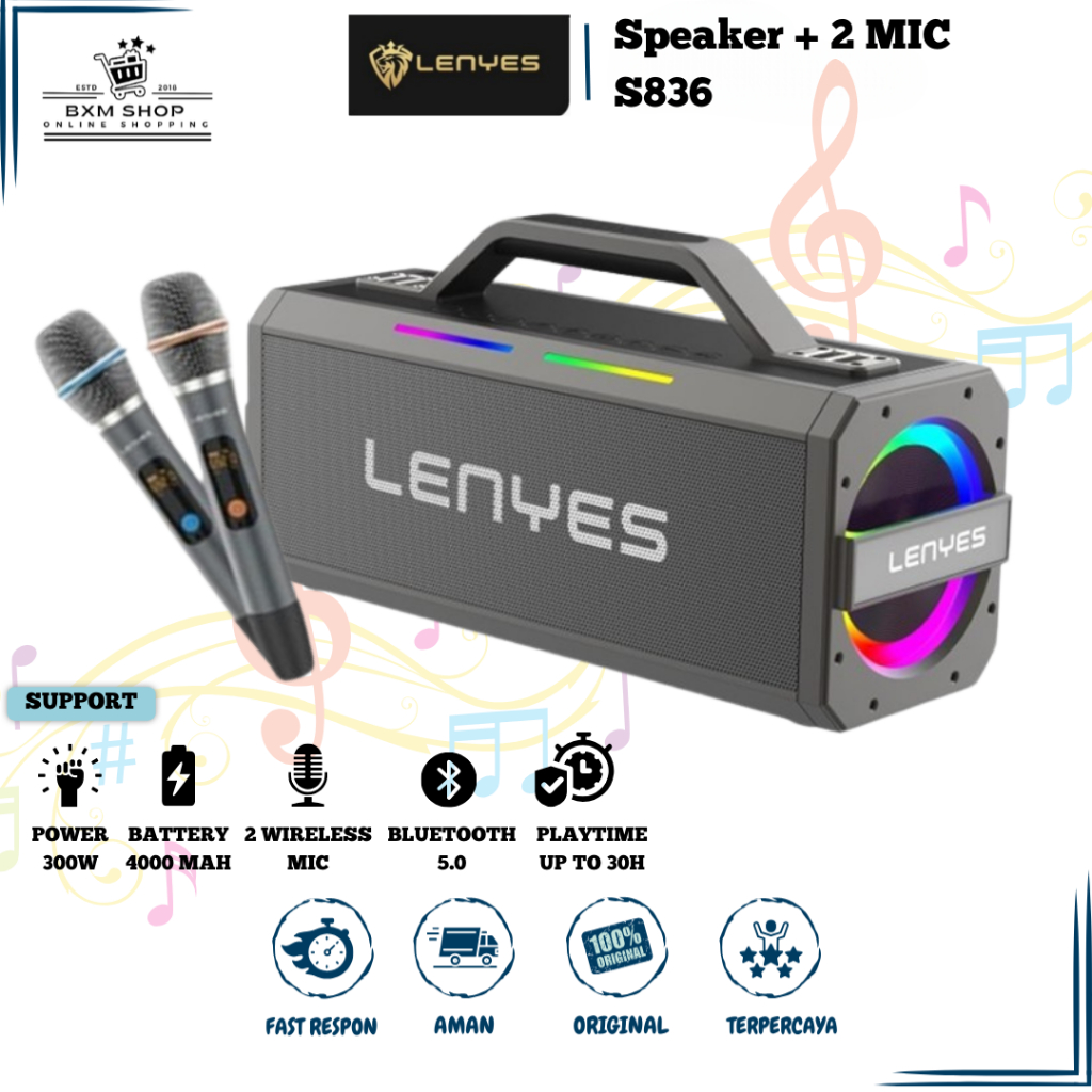 Jual Lenyes S836 Speaker Bluetooth Karaoke RGB Dual Microphone Wireless ...