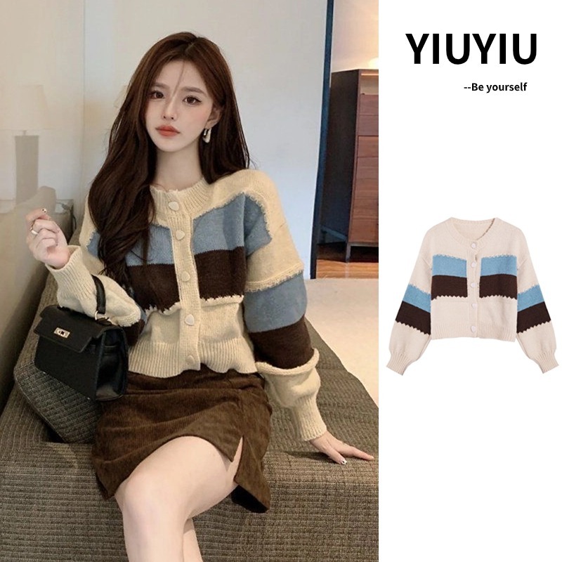 Jual YIU YIU Rajut - Cardigan Rajut Korea Stripe Knit Cardigan Baju ...