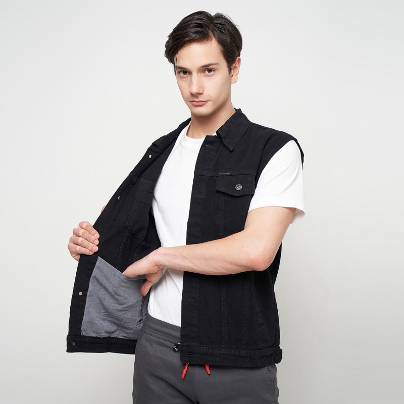 Jual OCT- Jaket Vest Denim Black import polos tebal Premium | Shopee ...