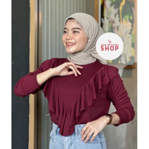 Jual BLOUSE RUFFLE RIB PREMIUM WANITA - KAOS RUMBAI LENGAN PANJANG ...