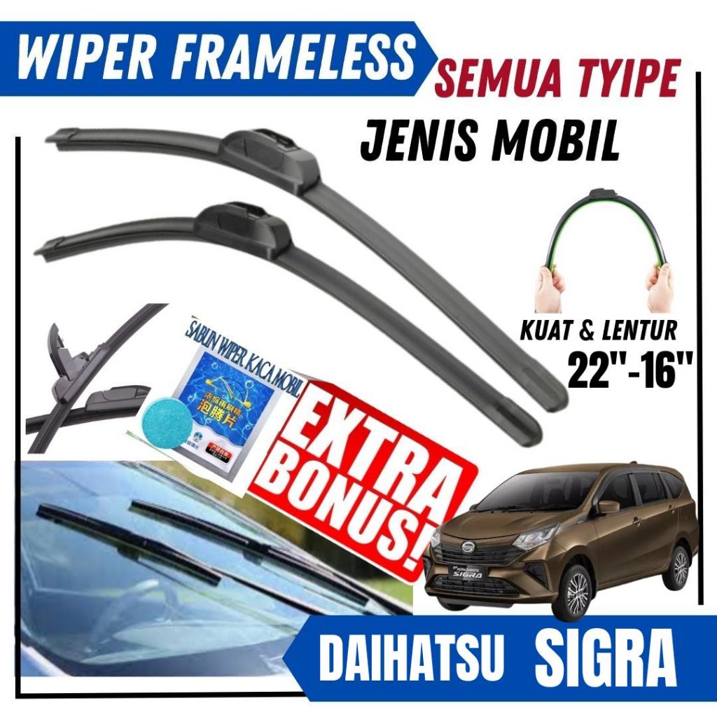 Jual Wiper Daihatsu Sigra Frameless 2 Pcs ukuran 22"-16" Full Karet ...