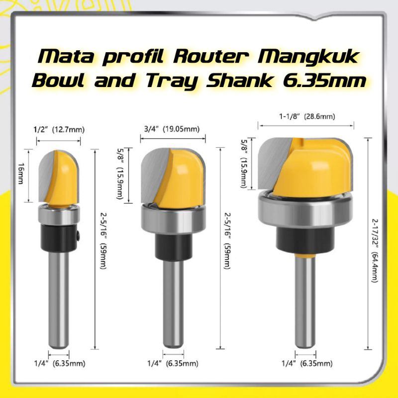 Jual Mata Bor Profil Router Mangkuk Bowl and tray Shank 1/4 Batang As 6 ...