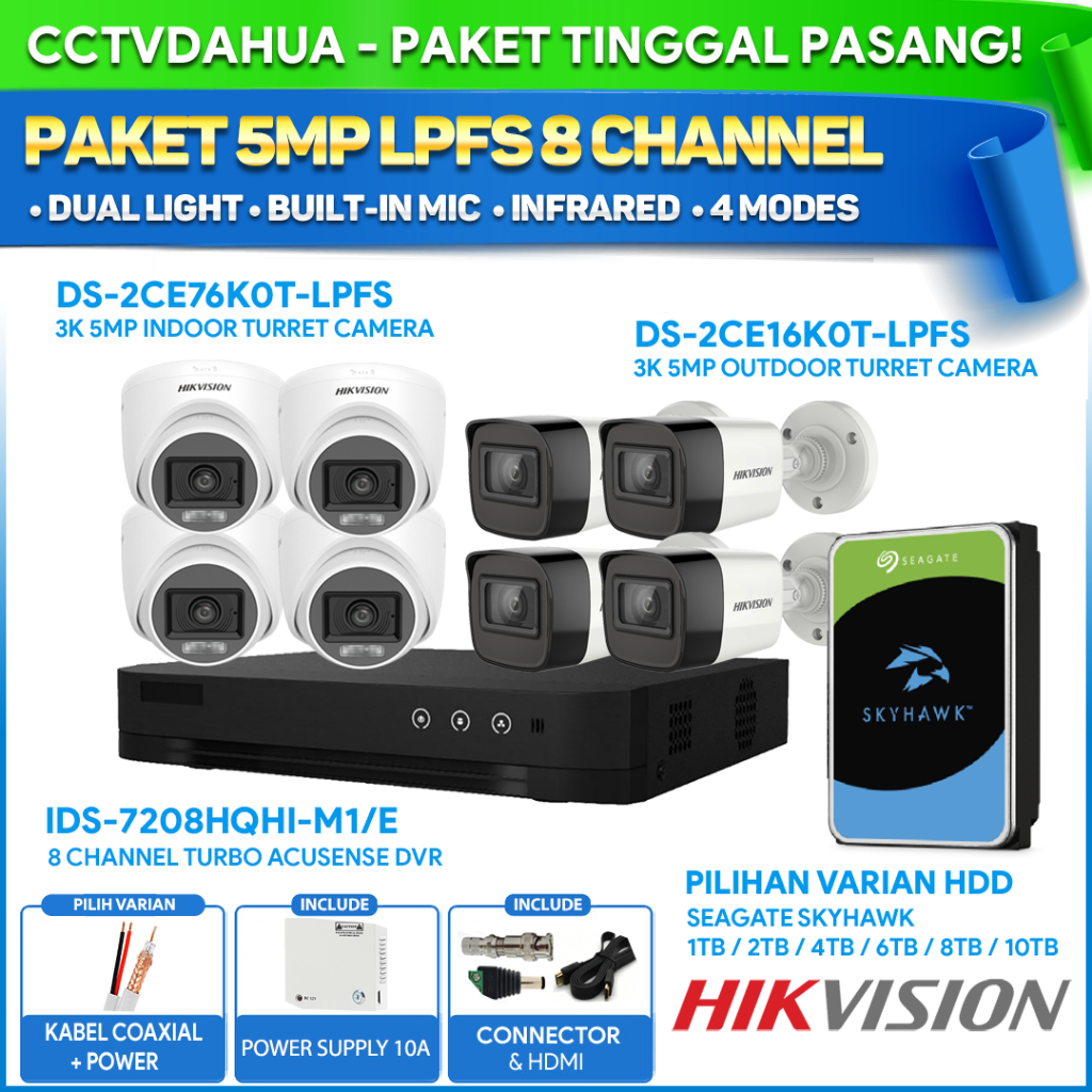Jual PAKET CCTV HIKVISION 8CH 5MP 8 KAMERA DUAL LIGHT BUILT-IN MIC LPFS ...