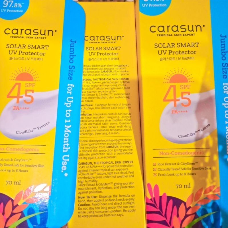 Jual Carasun Solar Smart UV Protector SPF 45 PA++++ Sunscreen Sunblock Sun Screen 70 ml | Shopee ...