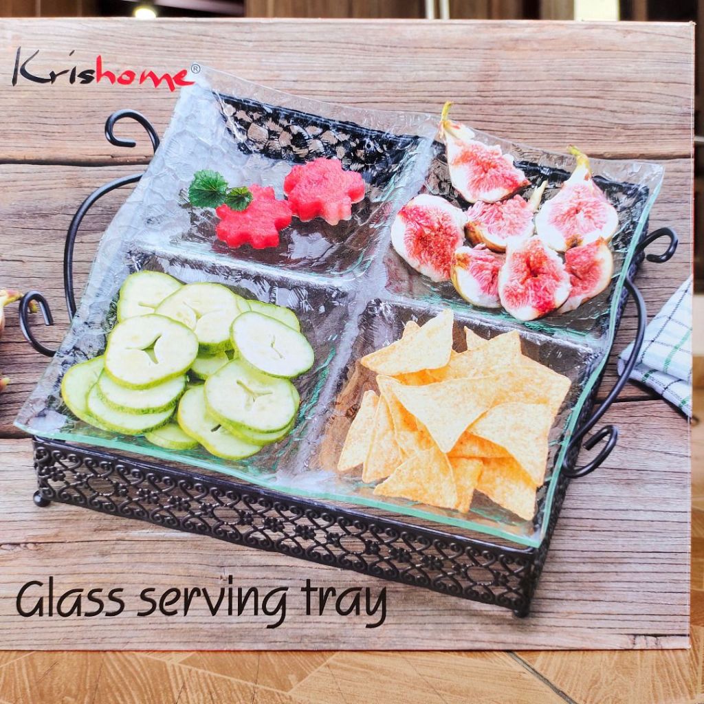 Jual Square Glass Serving Tray Set(Glass Plate + Iron Tray)Baki ...